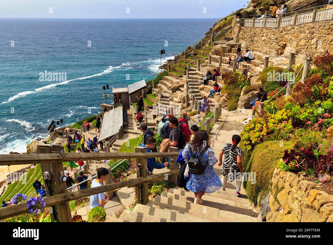 Visitors walking on stairs, Minack Theatre, The Minack, rock cliff ...