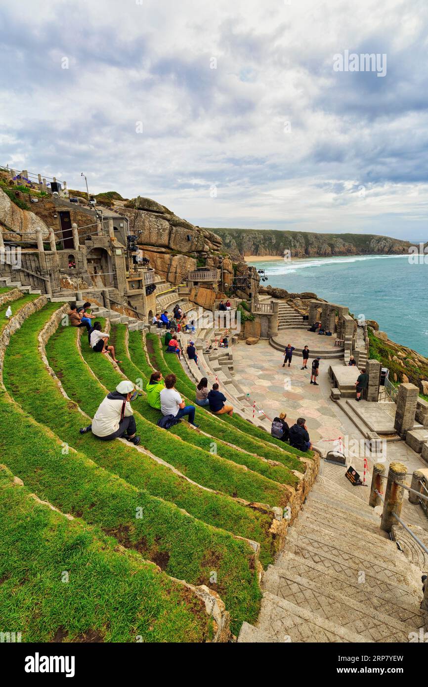Grass-covered audience seats at The Minack Theatre, The Minack, rock ...