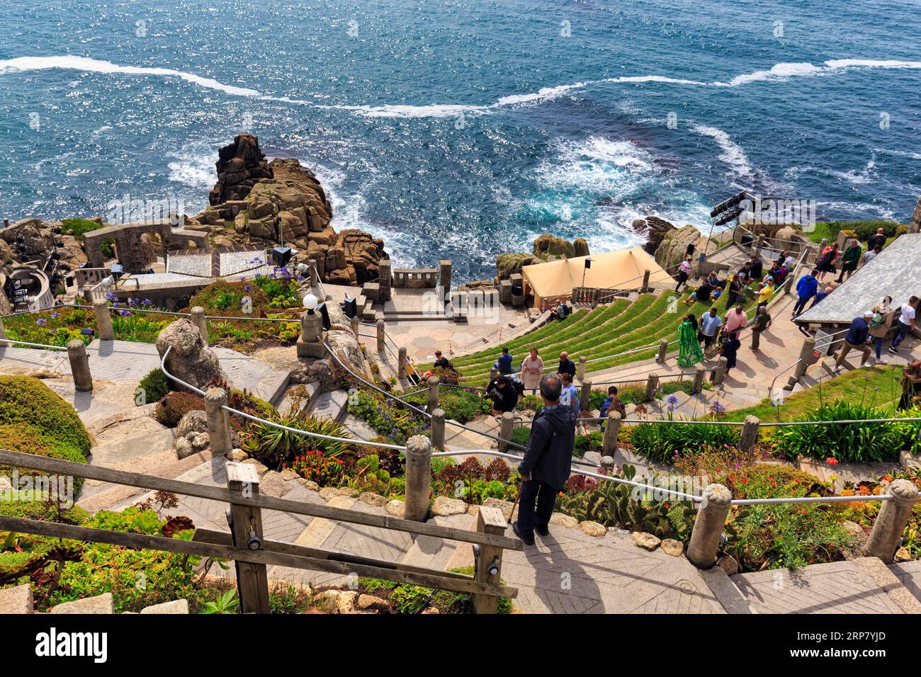 Minack Theatre, The Minack, rock cliff looking down to the stage and ...