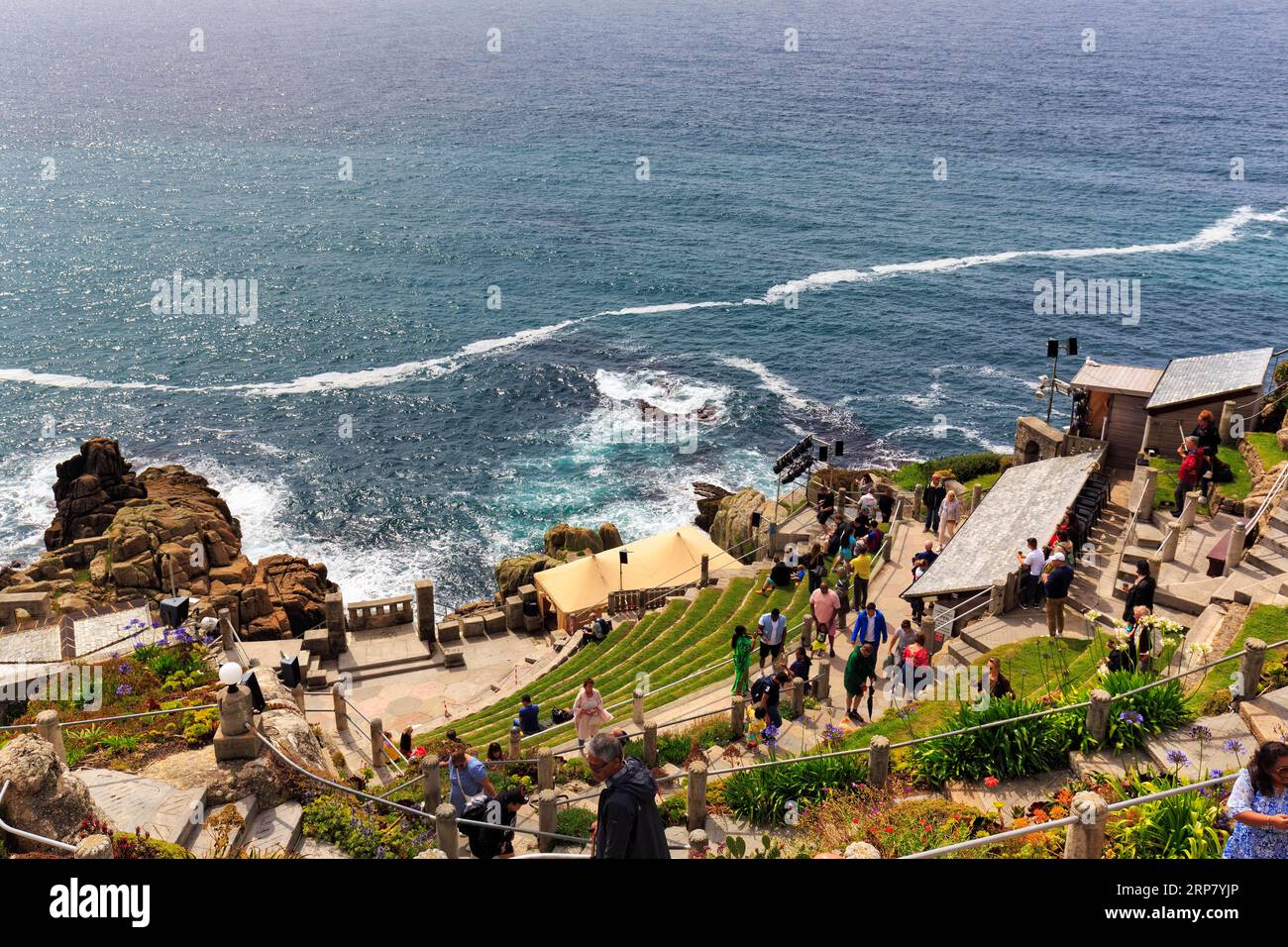 Minack Theatre, The Minack, rock cliff looking down to the stage and ...