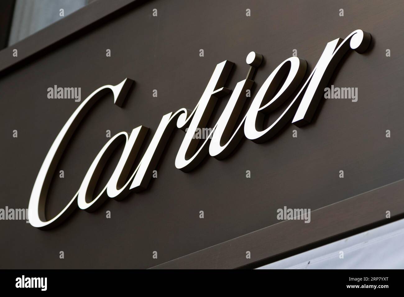 Close-up, logo of the French luxury fashion brand Cartier for jewellery ...