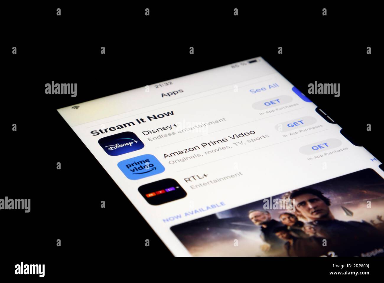 Detailed view of a smartphone with Disney Plus, Amazon Prime Video and ...