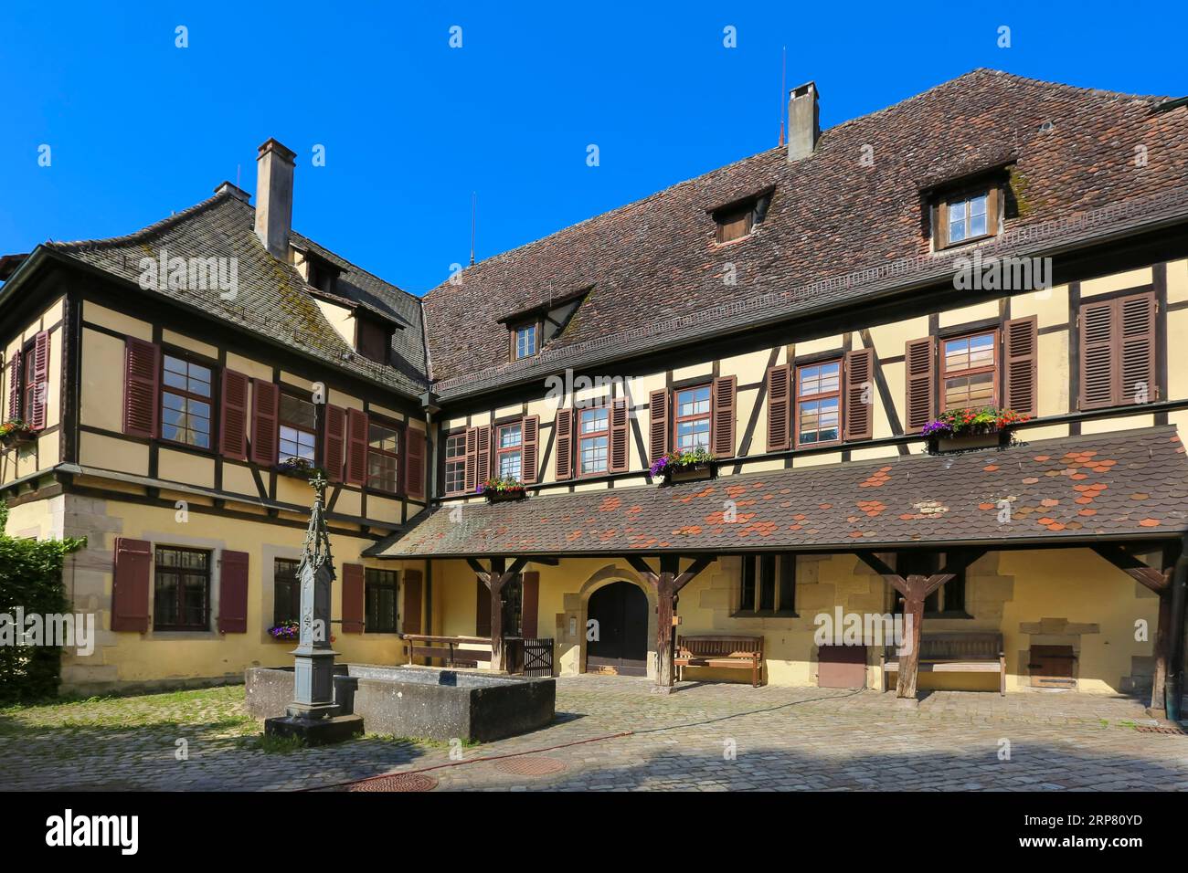 Abbot's house, half-timbering, fountain, Bebenhausen Palace, historic ...
