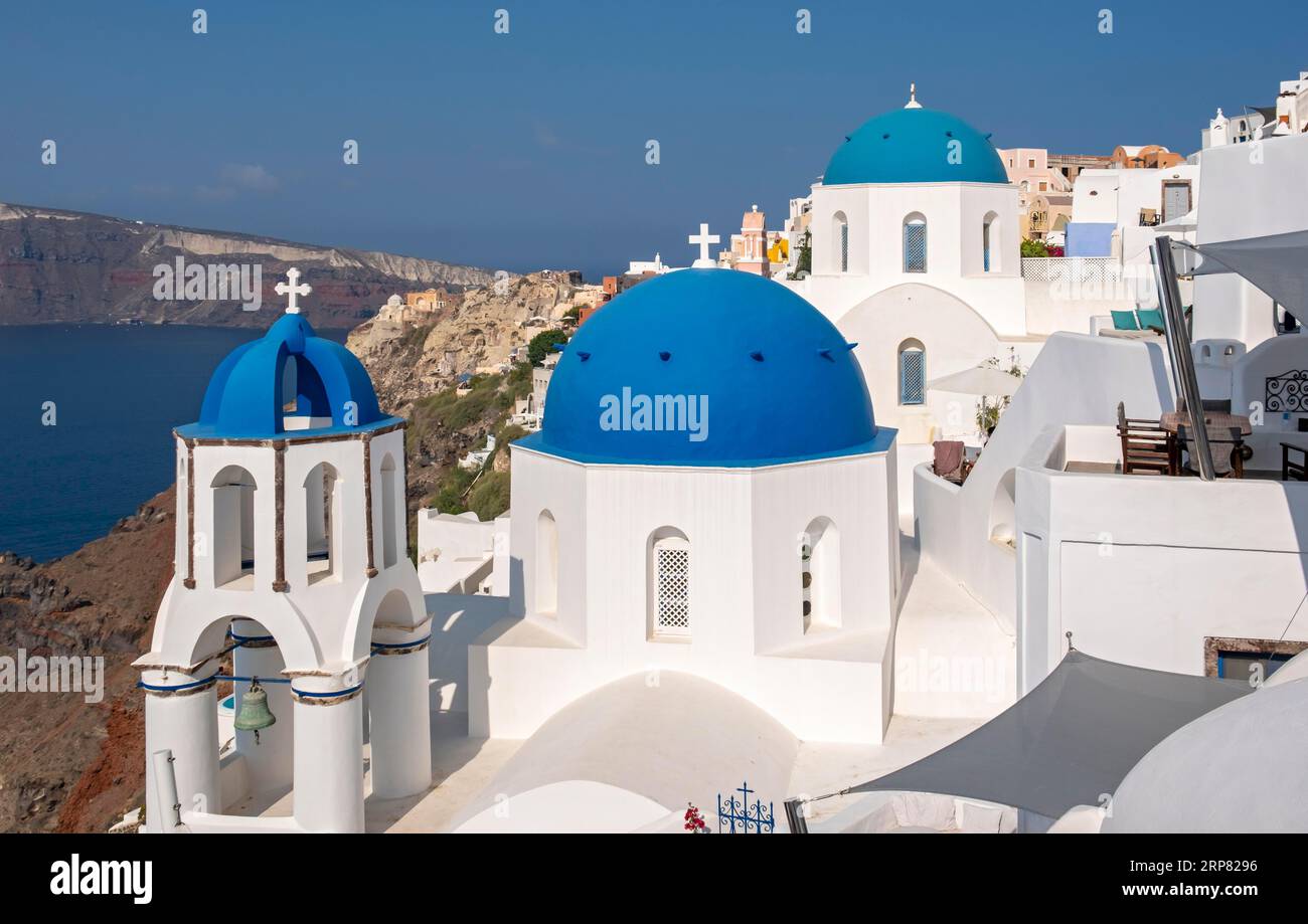 White churches with blue dome, Agios Spiridonas, St Spyridon, and ...