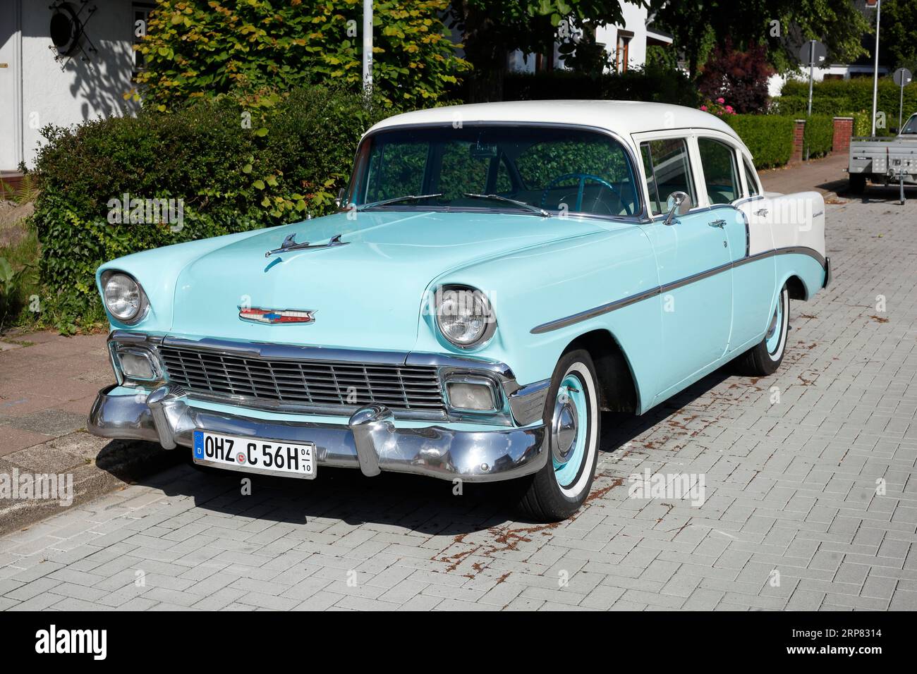 Blue vintage car Chevrolet Bel Air parked on the street, Lower Saxony ...