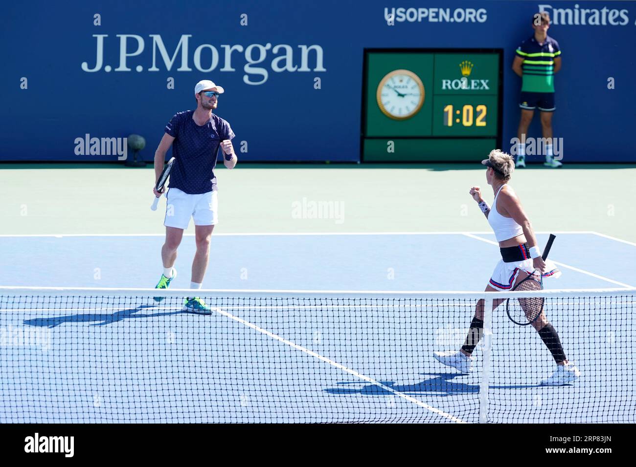 Bethanie Mattek-Sands reacts with Jamie Murray during a mixed doubles match at the 2023 US Open ...