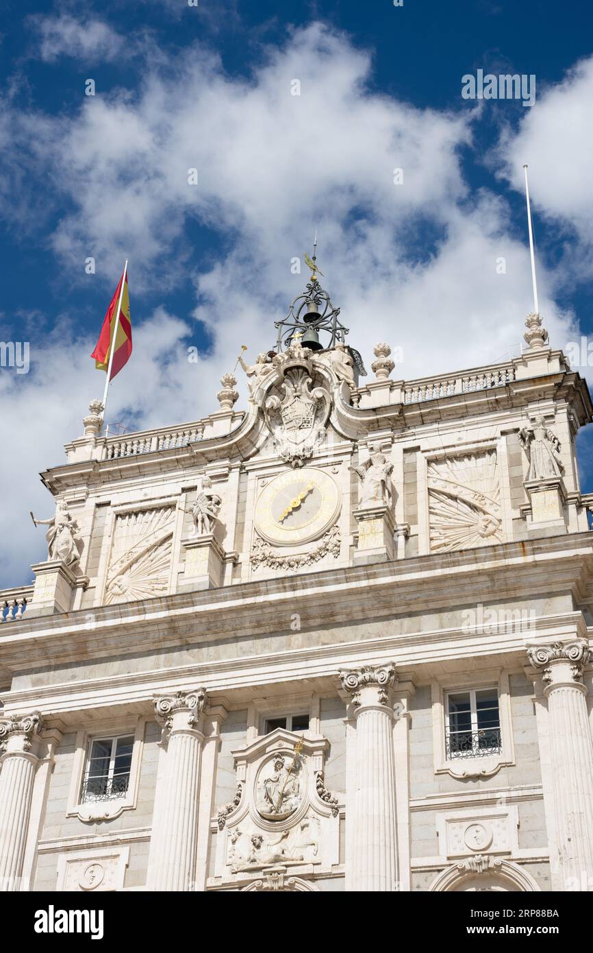 Closeup of the clock of Royal Palace of Madrid above the Plaza de Armas ...
