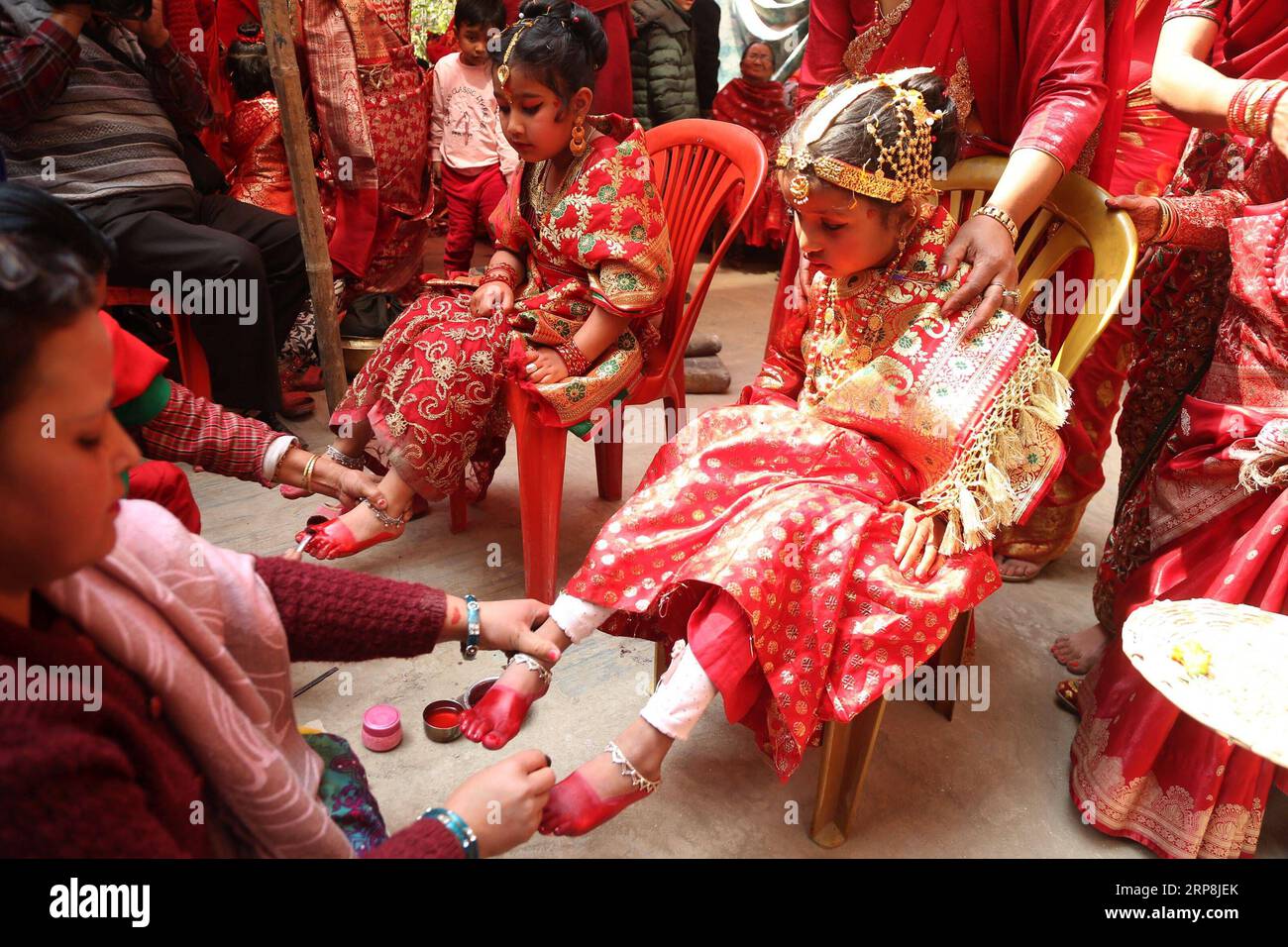 (190308) -- KATHMANDU, March 8, 2019 -- Girls from Newar community get ...