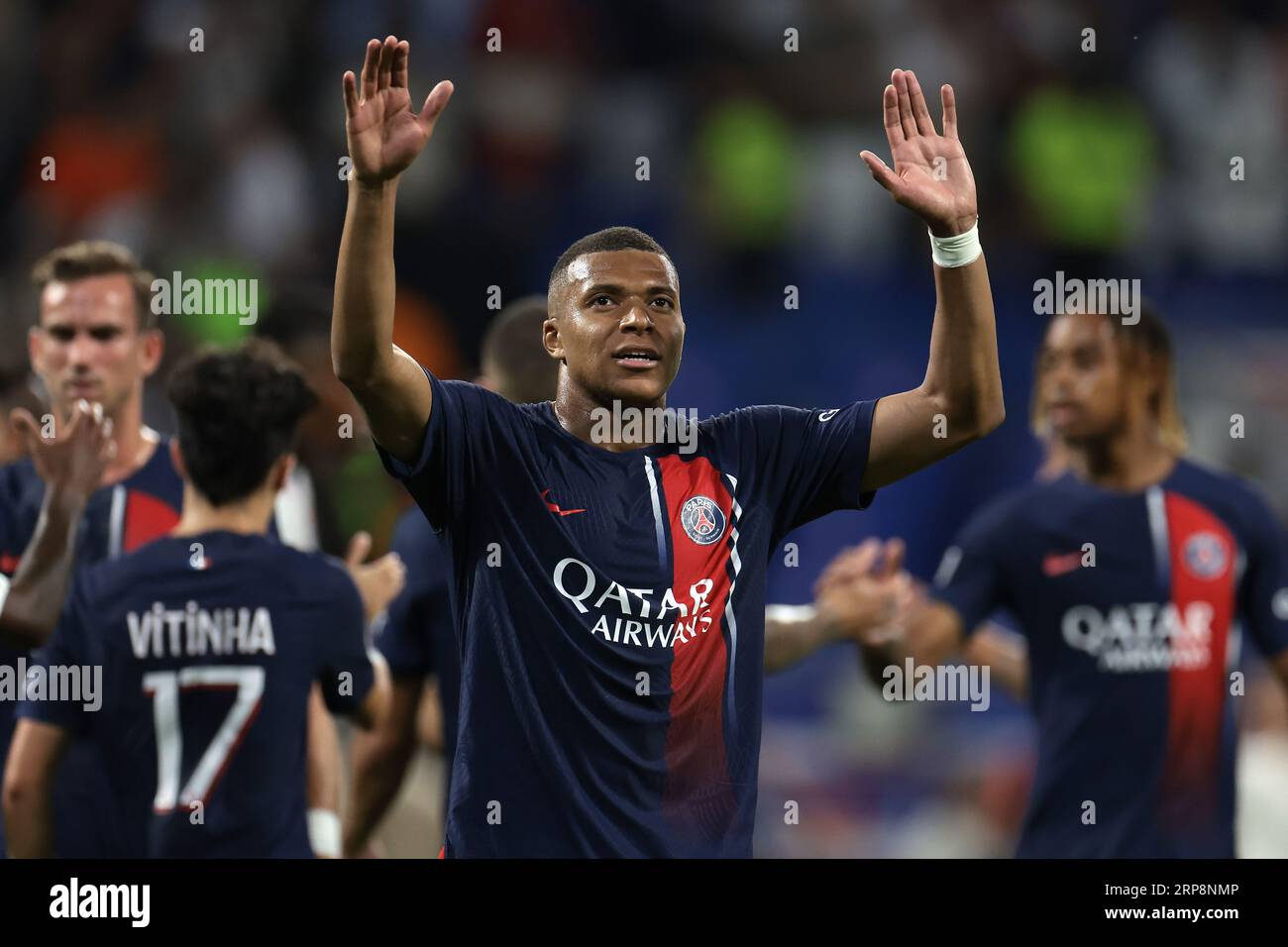 Lyon, France. 3rd Sep, 2023. Kylian Mbappe of PSG salutes the fans ...