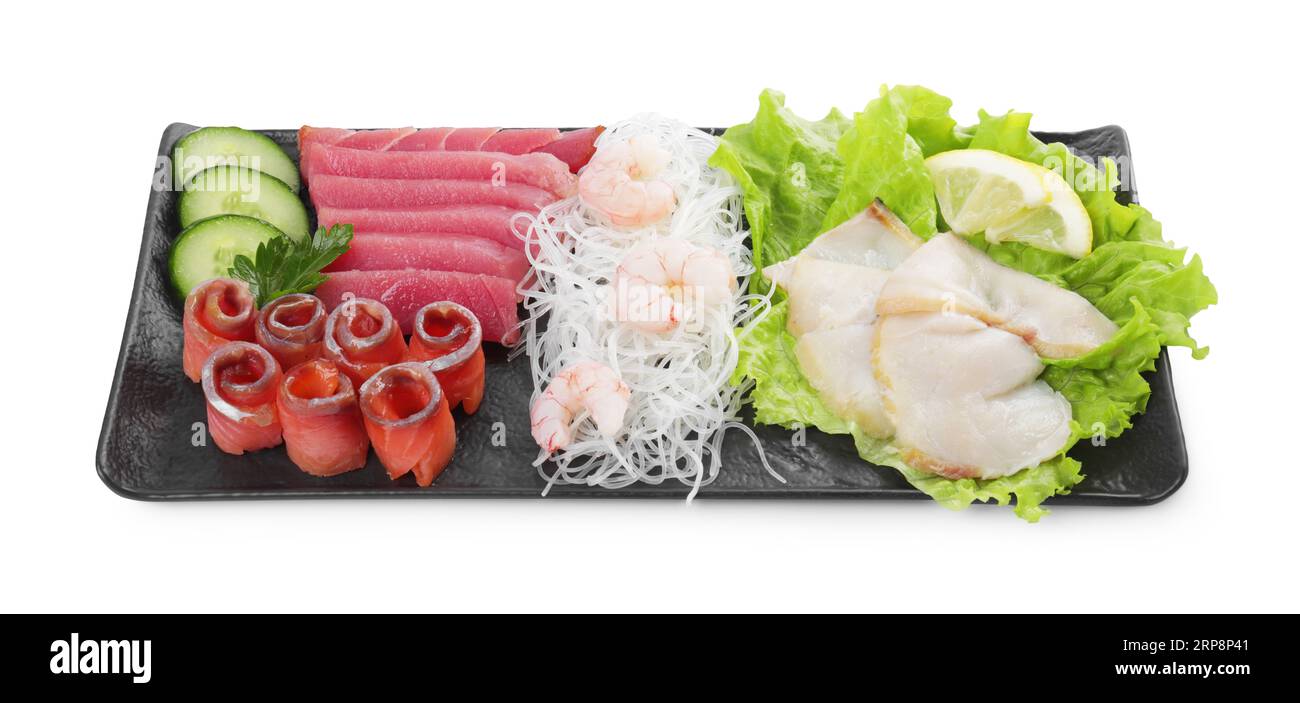 Sashimi set (raw slices of tuna, oily fish, salmon and shrimps) served ...