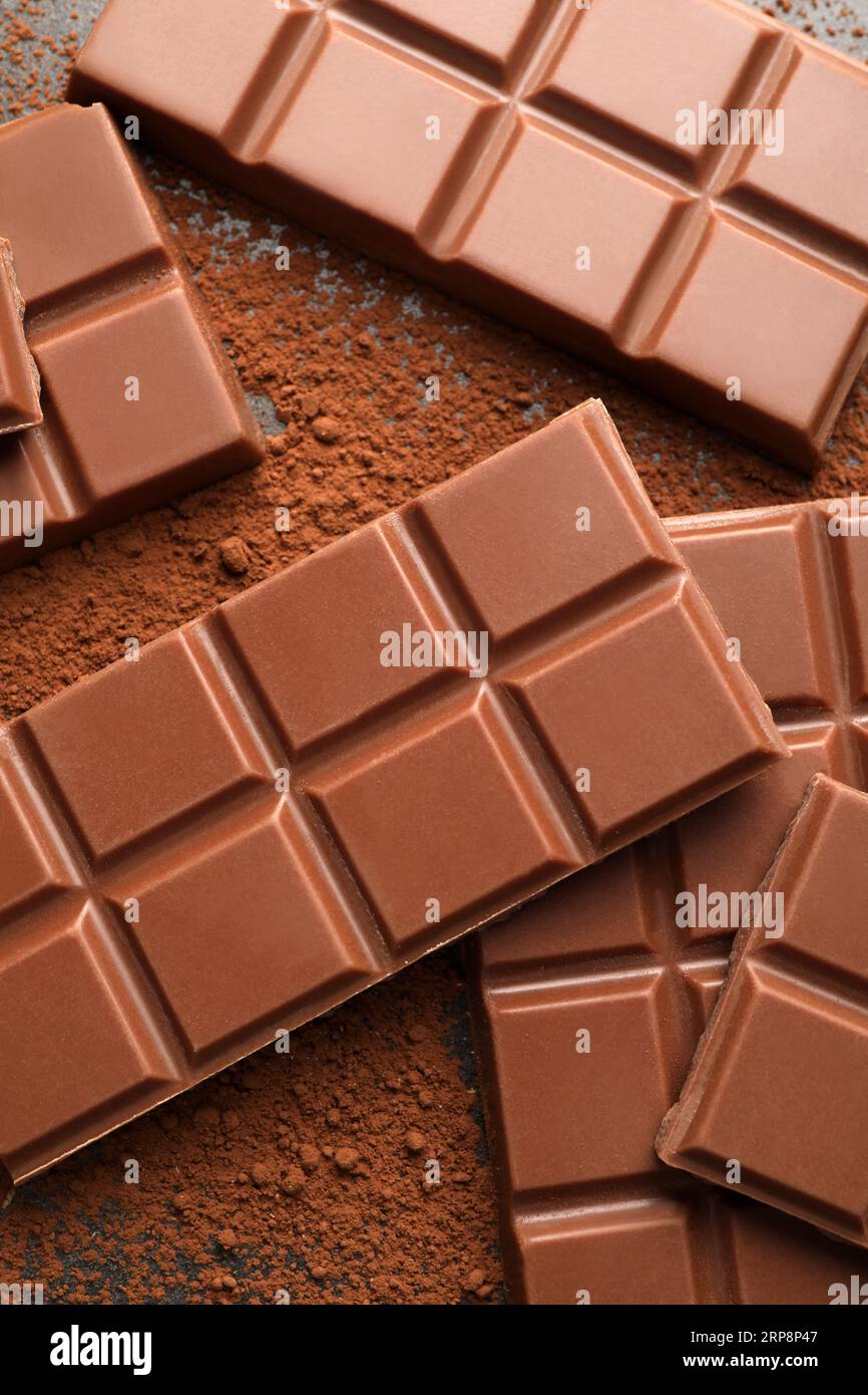 Delicious milk chocolate and cocoa powder on grey table, flat lay Stock ...