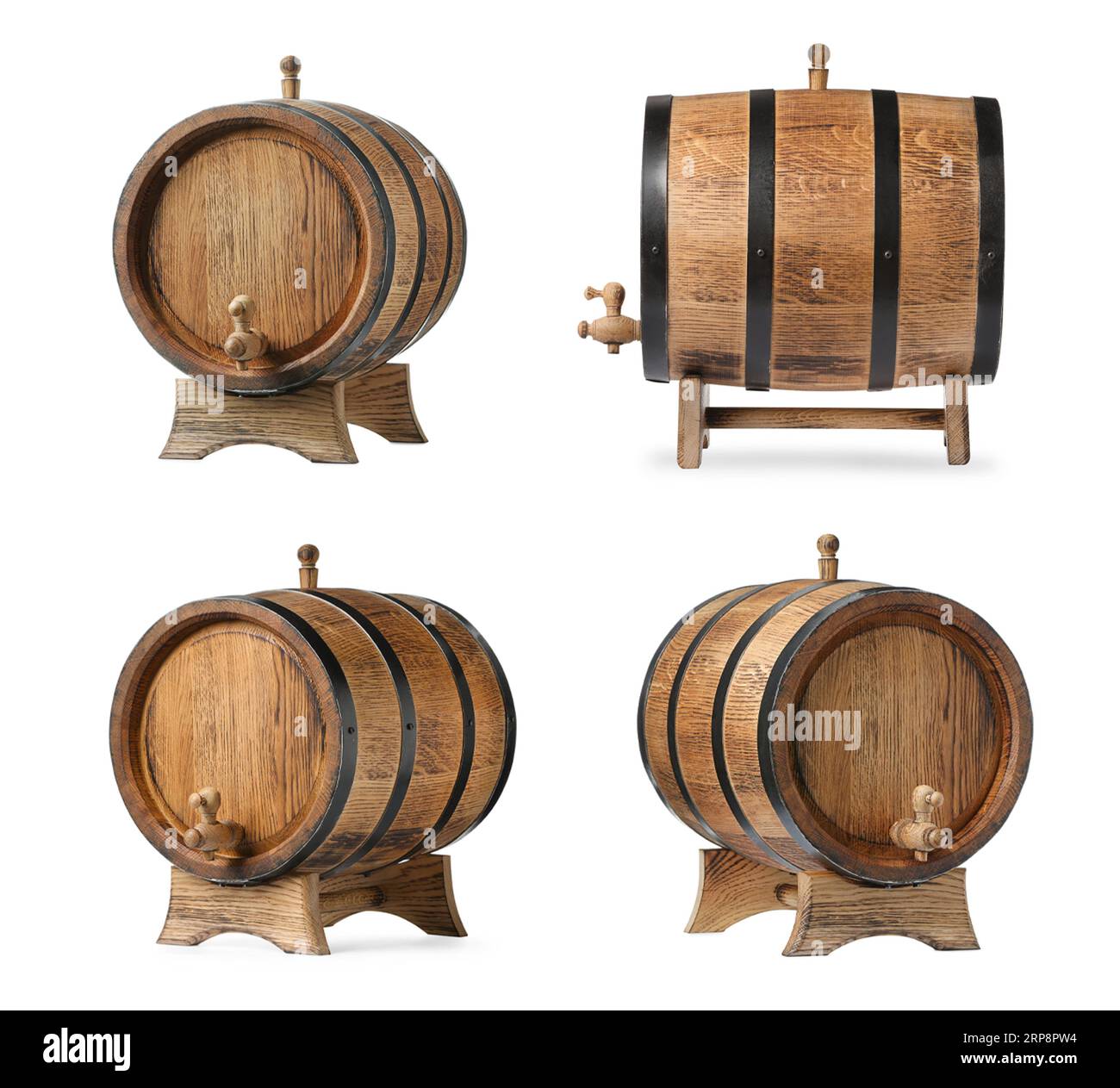 Collage of wooden barrel with tap on white background, different sides ...