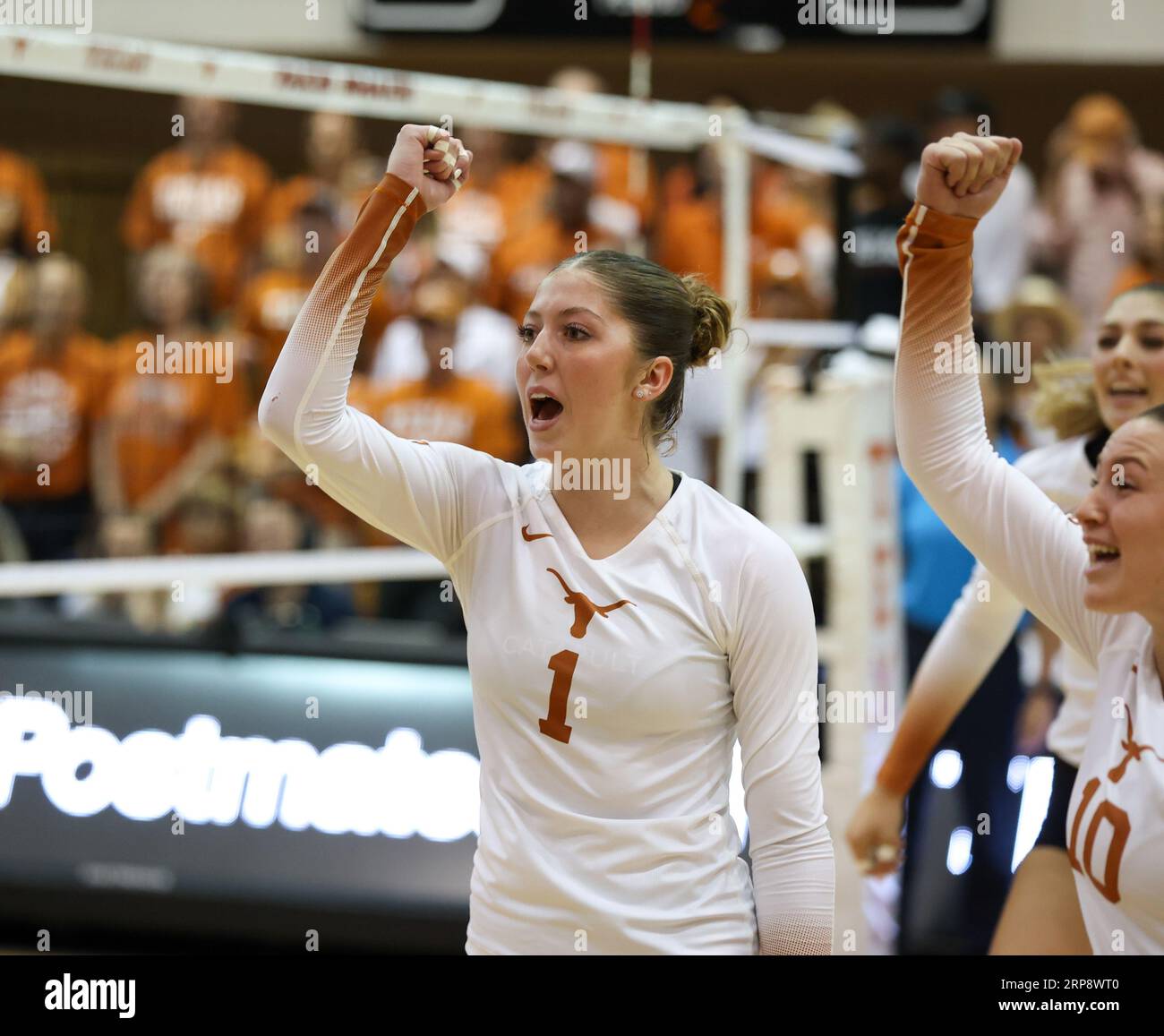 September 3, 2023: Texas setter Ella Swindle (1) celebrates a point ...