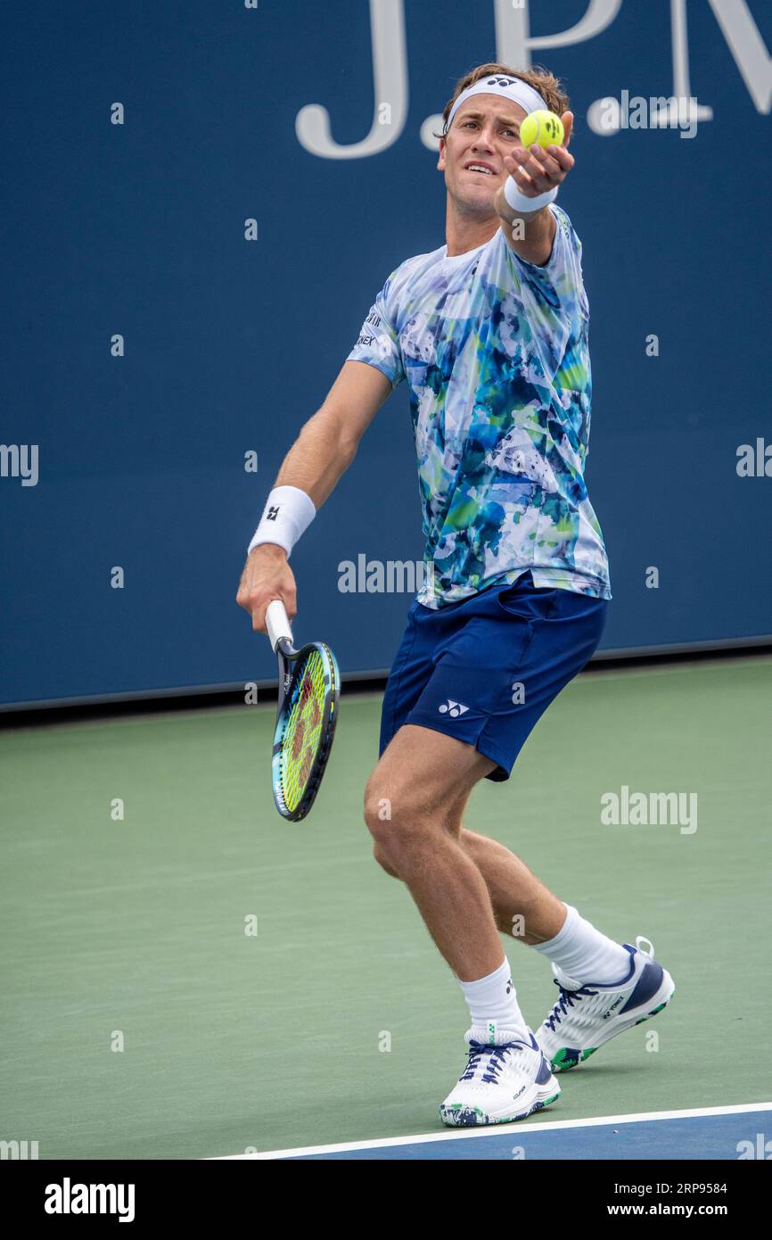 Casper Ruud (NOR) competing in the Men's Singles Round 1 at the 2023 US ...