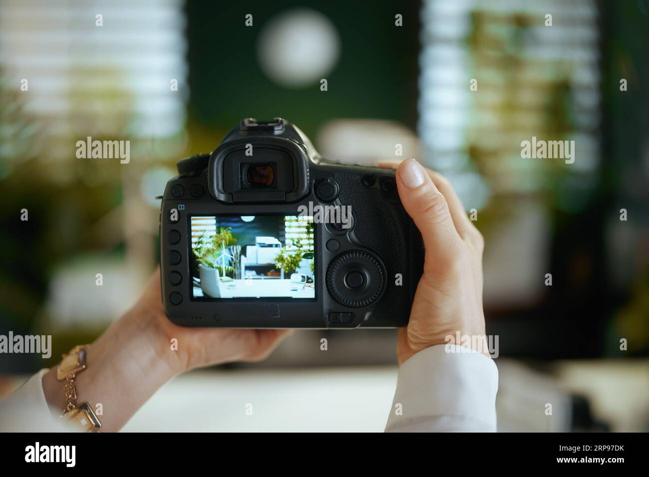Time to move on. Closeup on woman real estate agent in green office in ...
