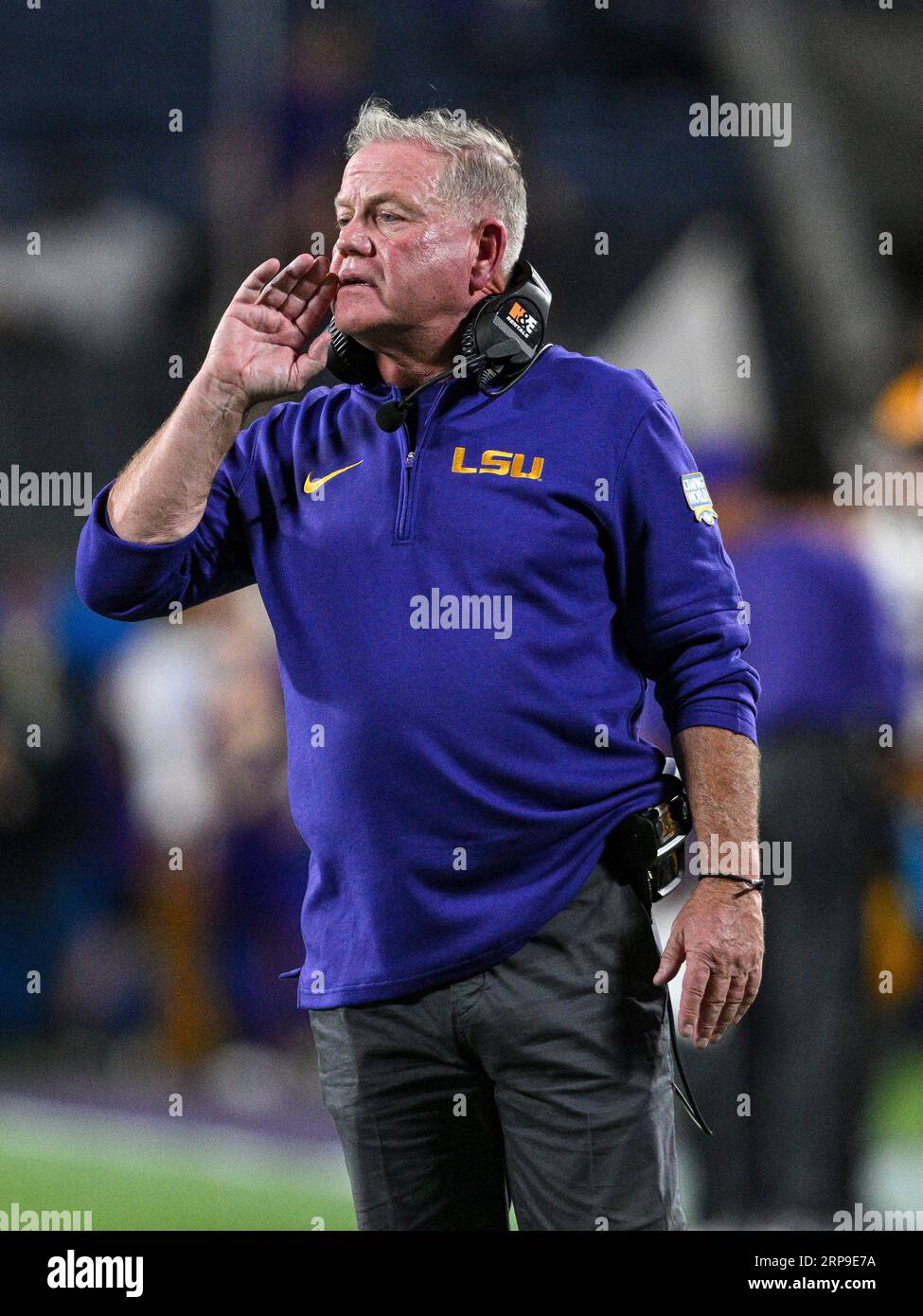 September 3, 2023: LSU Tigers head coach Brian Kelly yells for the ...