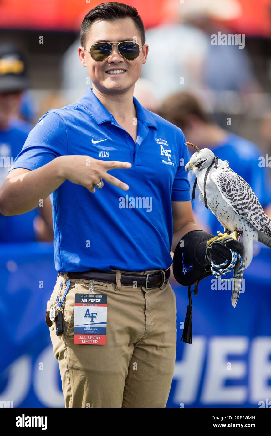 September 02, 2023: Air Force Falconry Ryan holding his falcon during a regular season NCAA ...