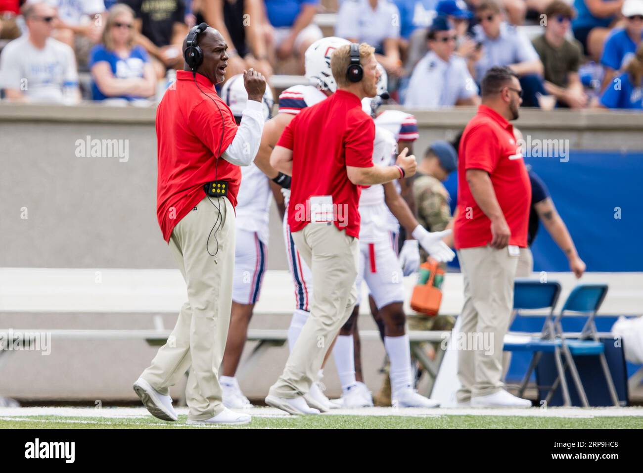 September 02, 2023: Robert Morris head coach Bernard Clark Jr. (left) looks on during a regular ...