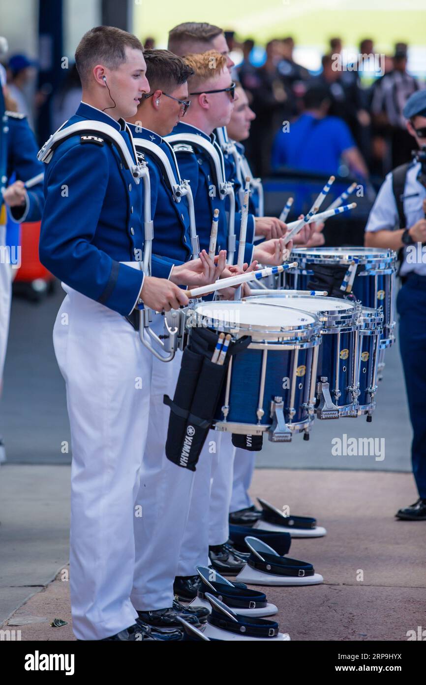 September 02, 2023: The Air Force Drum and Bugle Corps during a regular ...