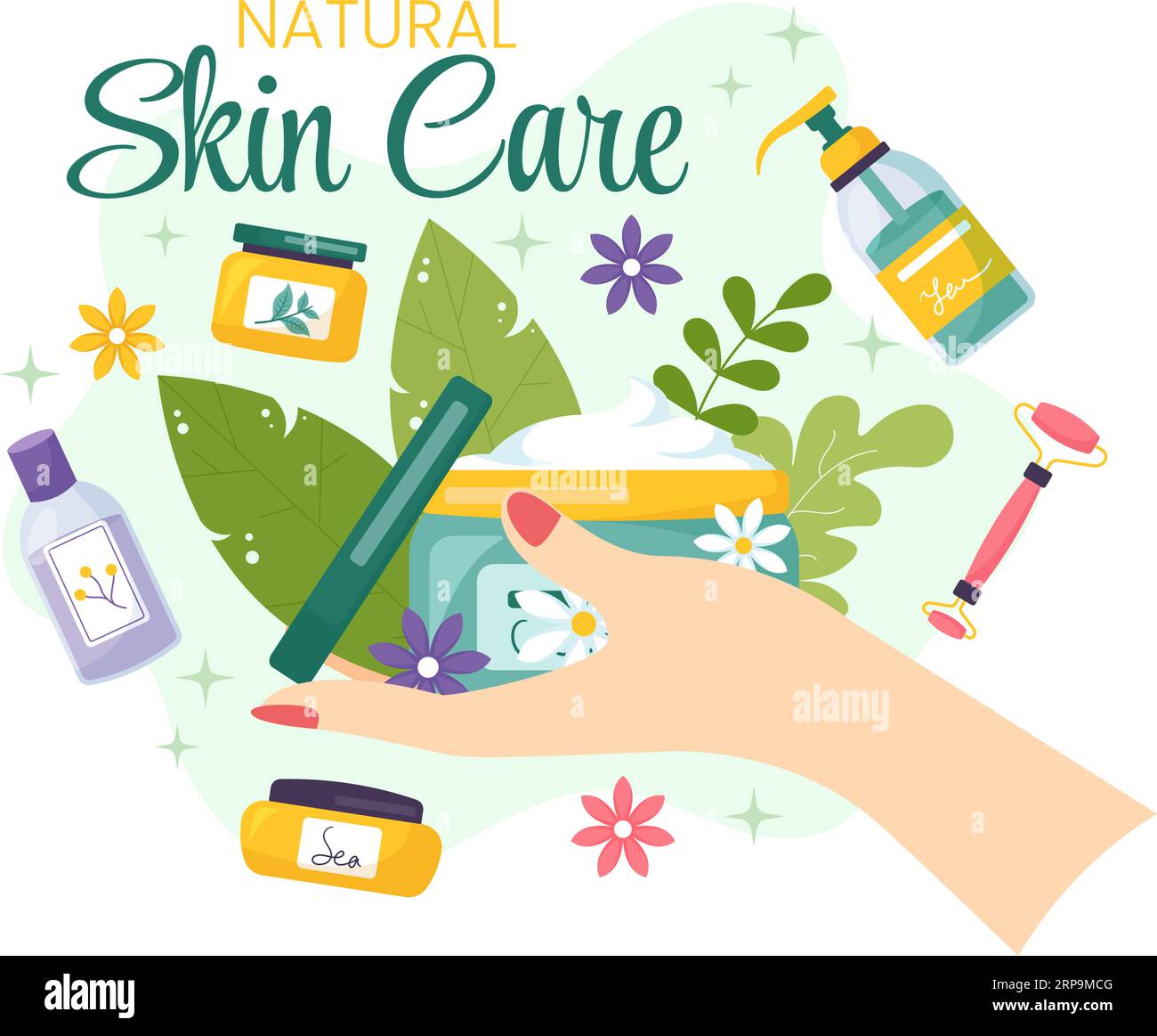 Natural Skin Care Vector Illustration of Women Applying Cosmetics Face ...