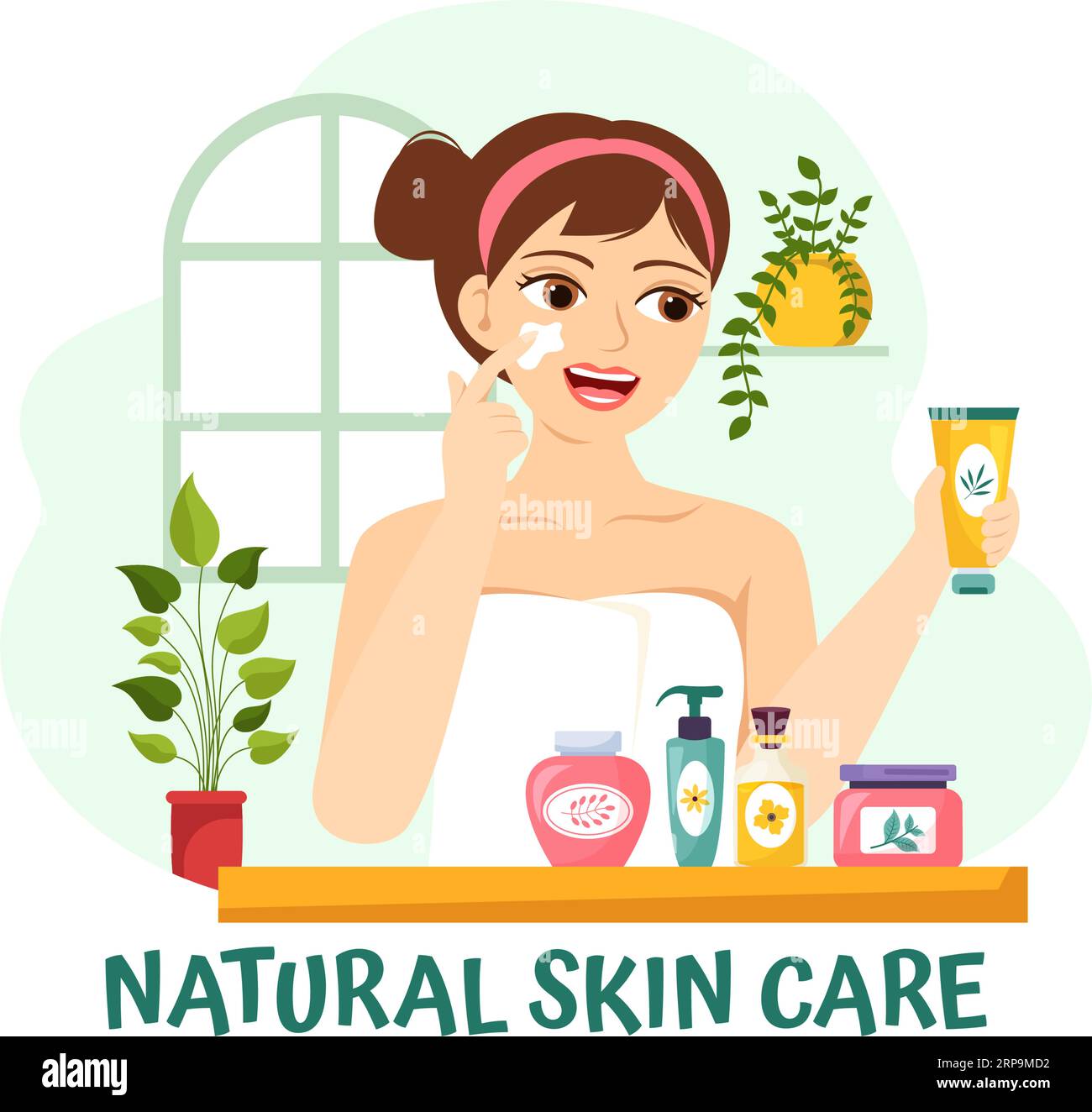 Natural Skin Care Vector Illustration of Women Applying Cosmetics Face Skincare Products with ...
