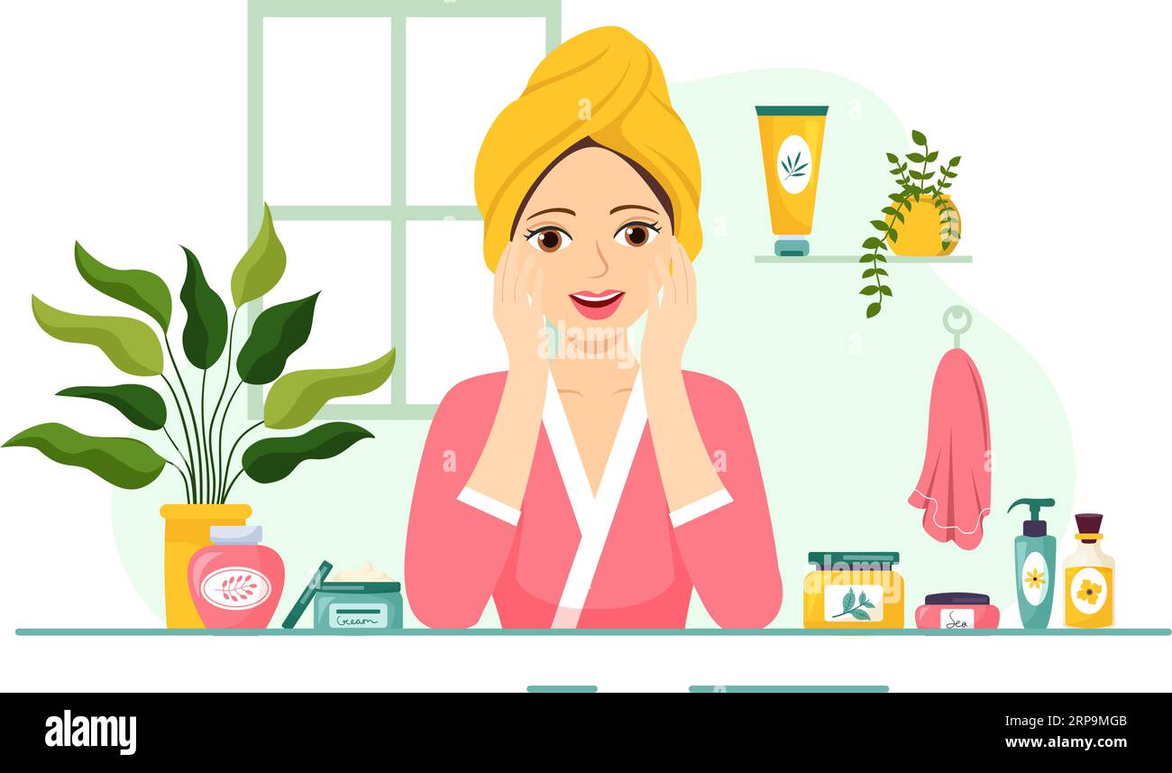 Natural Skin Care Vector Illustration of Women Applying Cosmetics Face ...