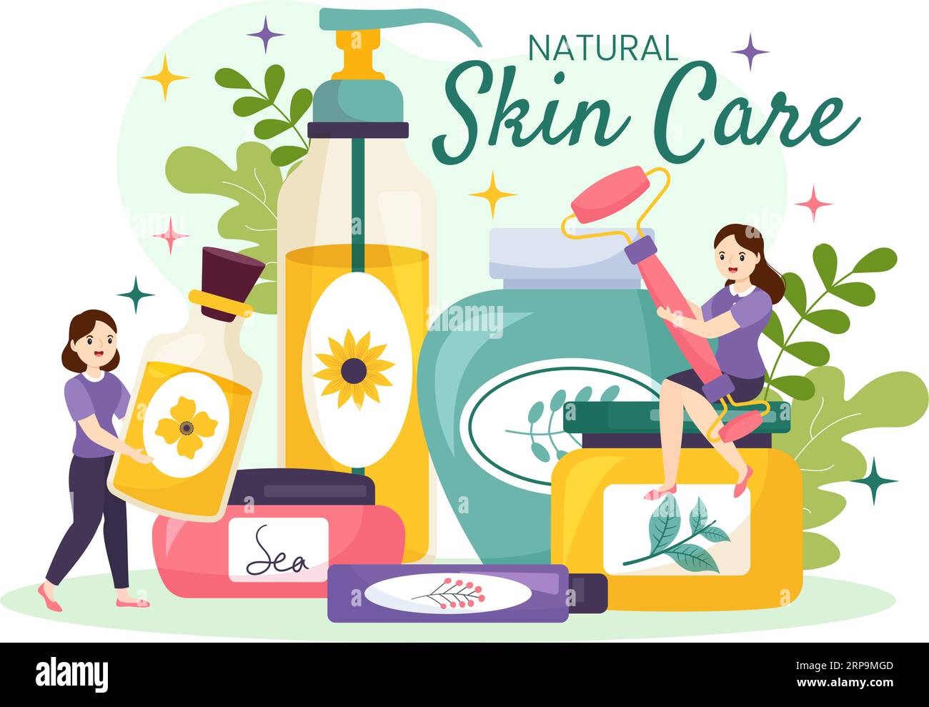 Natural Skin Care Vector Illustration of Women Applying Cosmetics Face Skincare Products with ...