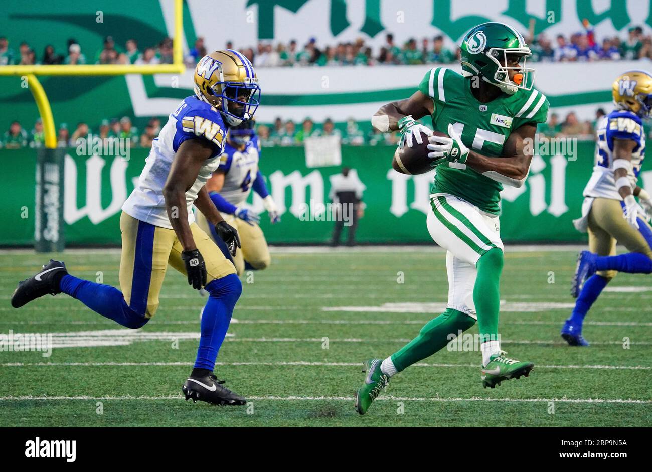 Saskatchewan Roughriders receiver Shawn Bane Jr. (15) runs the football ...