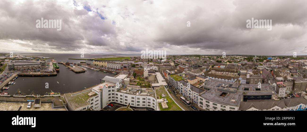 Aerial sunset panorama of Galway, harbor city on Ireland’s west coast ...