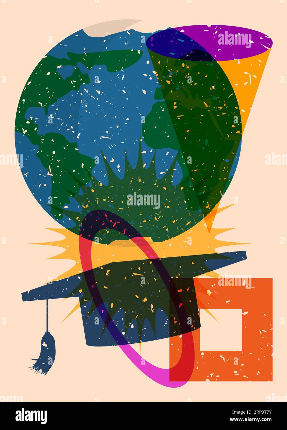 Graduation cap with Earth globe and colorful geometric shapes. Academic ...