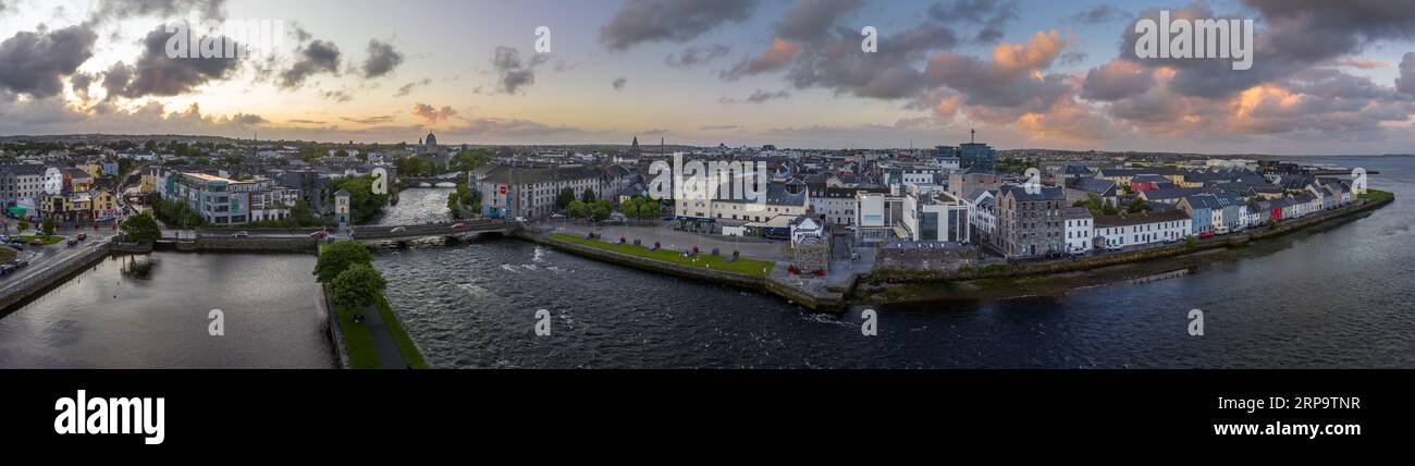 Aerial sunset panorama of Galway, harbor city on Ireland’s west coast ...