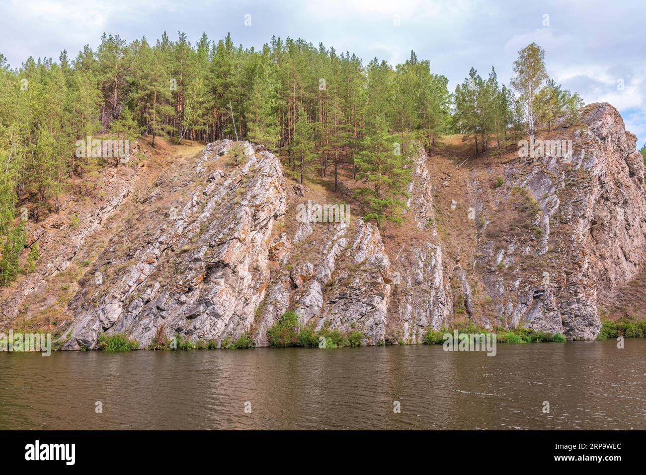 Pine trees and rocks on the river shore with fall foliage around. Rocky ...