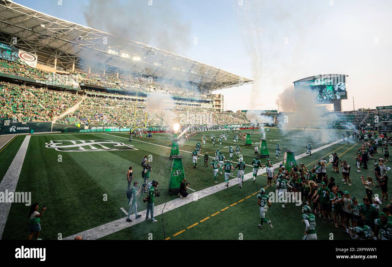 Saskatchewan Roughriders are introduced before a Canadian Football League Labour Day Classic ...
