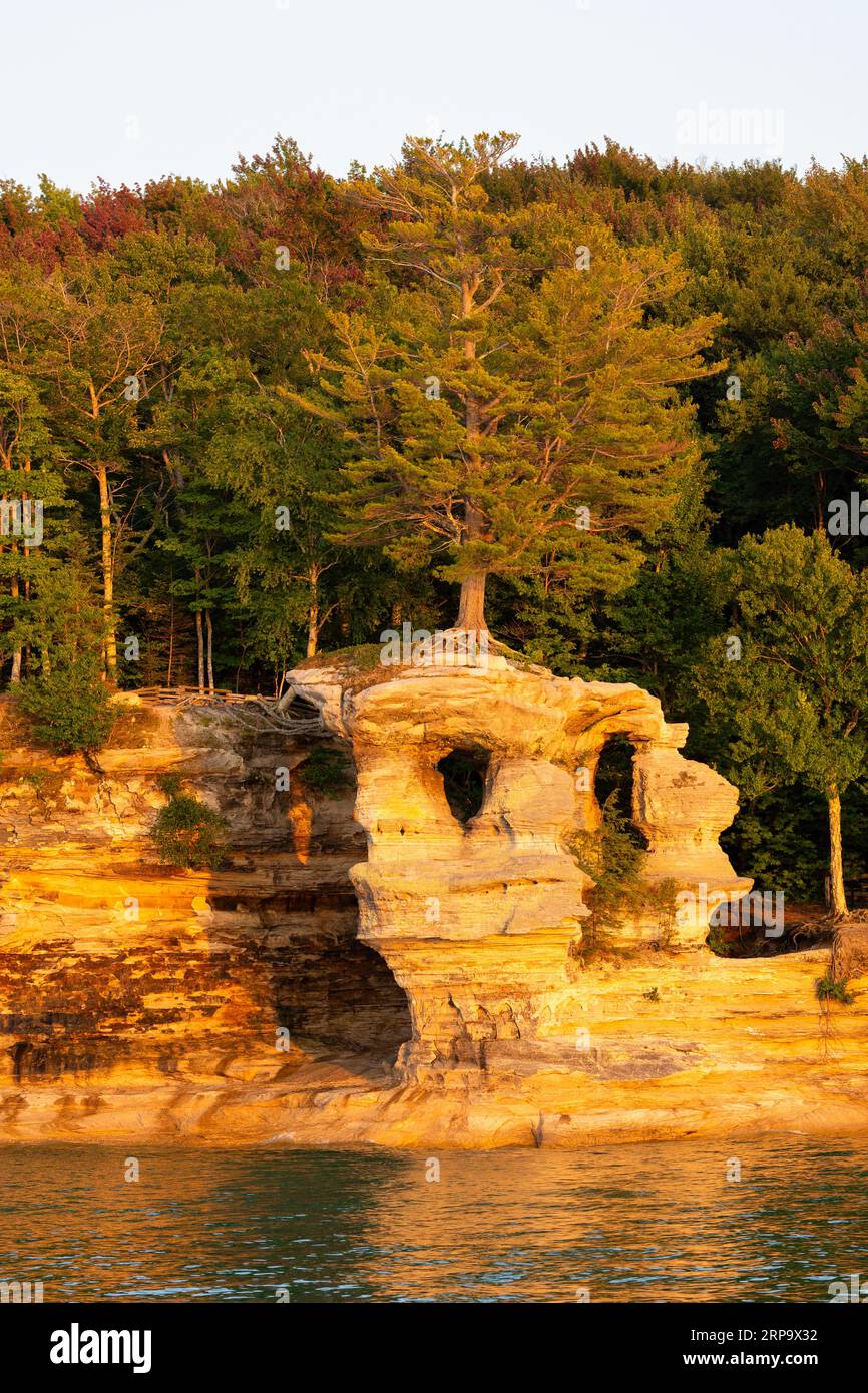 Chapel Rock at sunset along Pictured Rocks National Lakeshore Stock ...