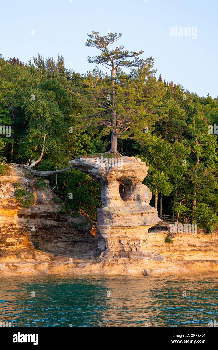 Chapel Rock at sunset along Pictured Rocks National Lakeshore Stock ...