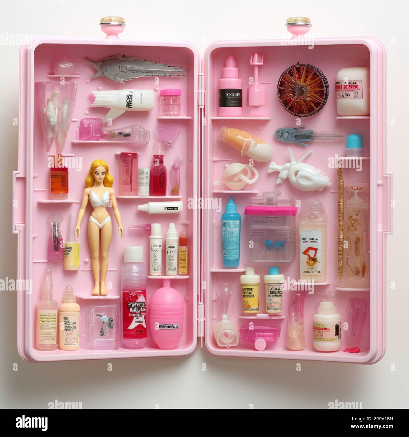 A pink storage case filled with various cosmetics and containers ...