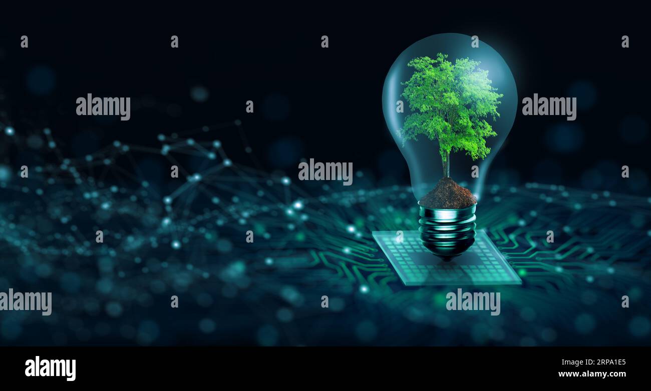 Tree with soil growing on Light bulb. Digital Convergence and and ...