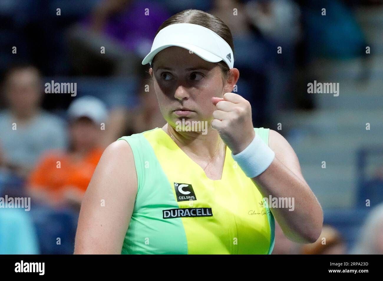 Jelena Ostapenko, of Latvia, reacts after winning a point against Iga Swiatek, of Poland, during ...