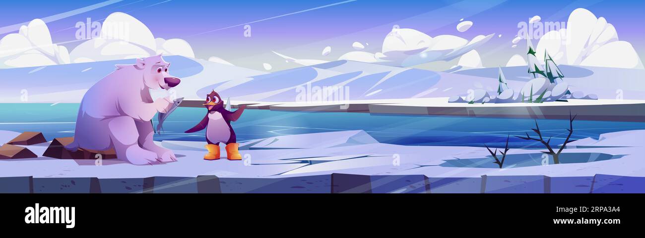 White polar bear with fish and cute penguin in boots on ice landscape ...