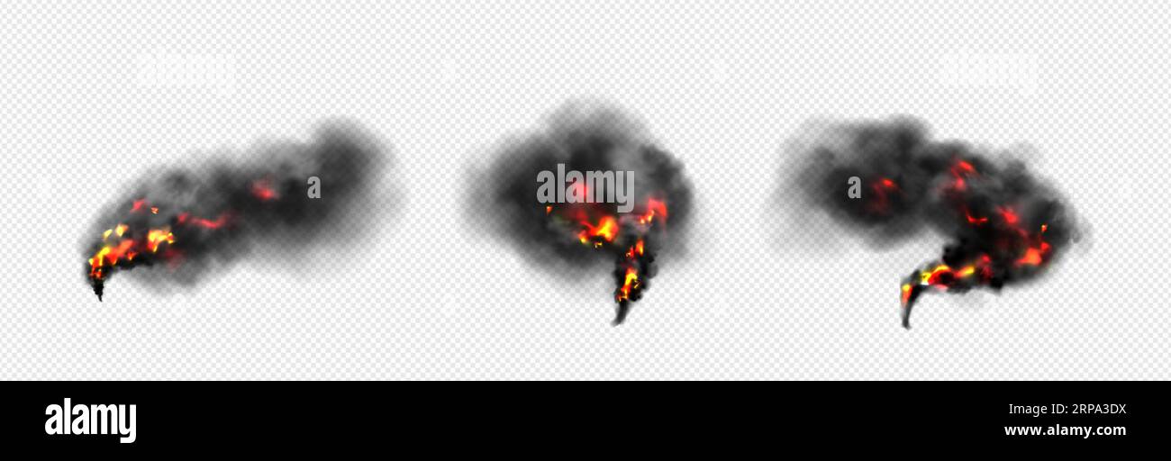 Realistic set of fire and black smoke isolated on transparent ...