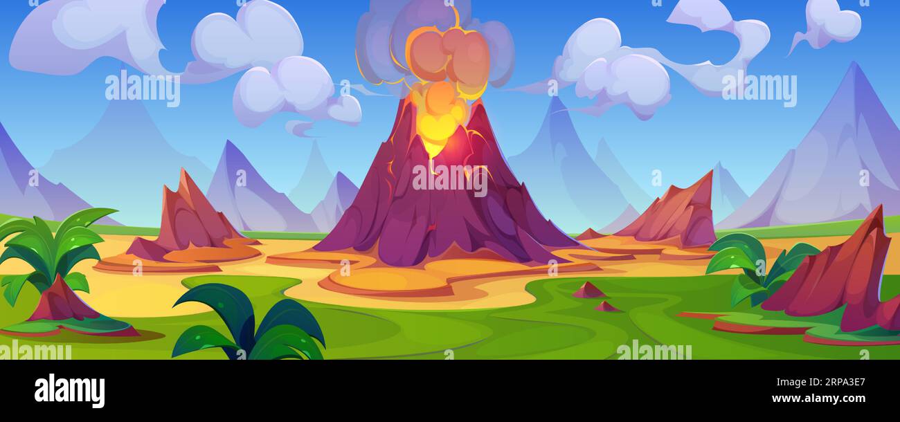 Volcano eruption - cartoon vector illustration of landscape of rocks ...