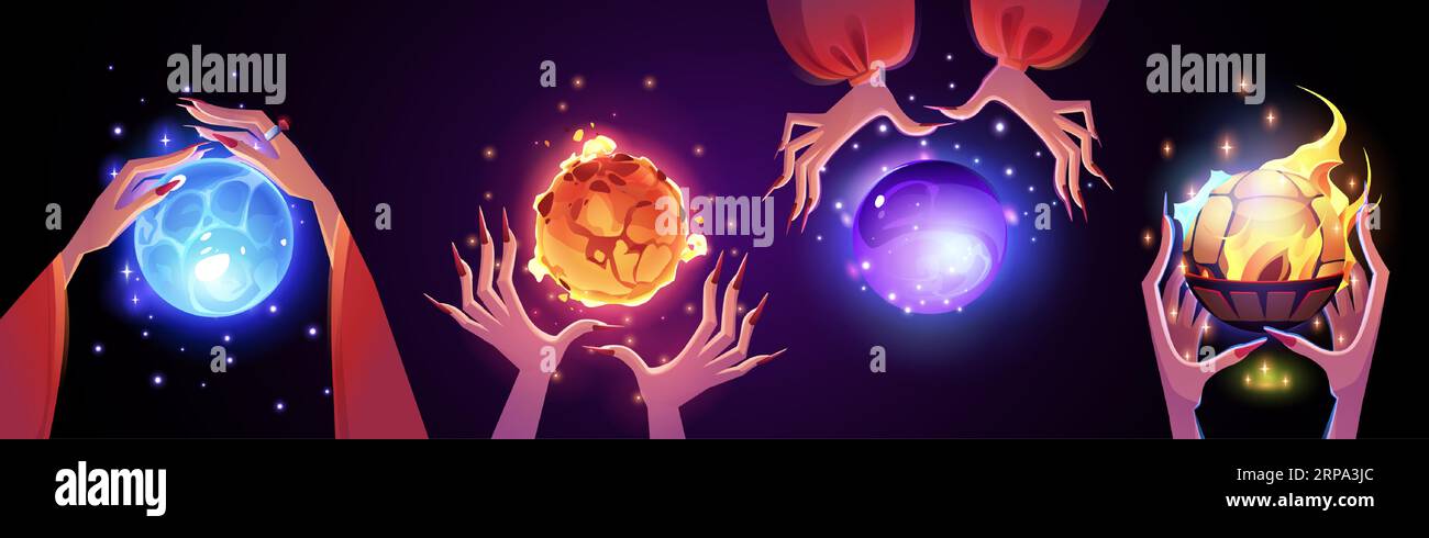 Magical glowing ball for foretelling in female hands of fortune teller ...