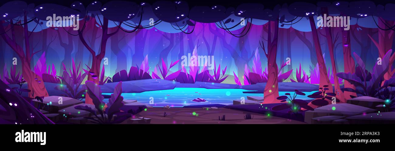 Fantasy forest pond cartoon landscape background. Magic garden at night ...