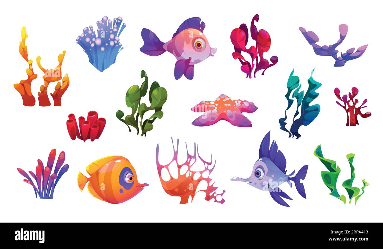 Seabed fish and seaweed set isolated on white background. Vector ...