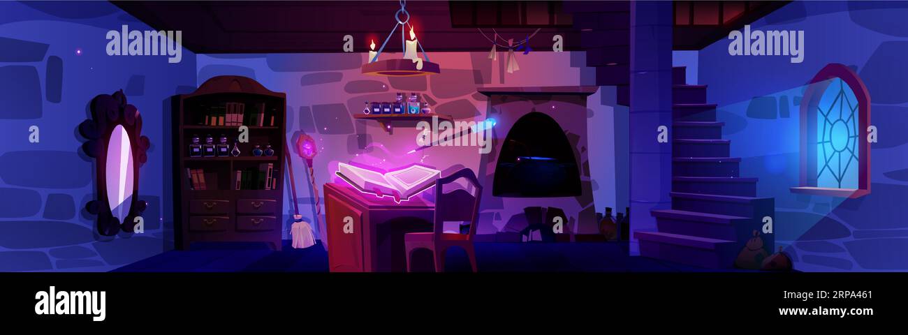 Magic wizard laboratory room background at night. Dark halloween ...