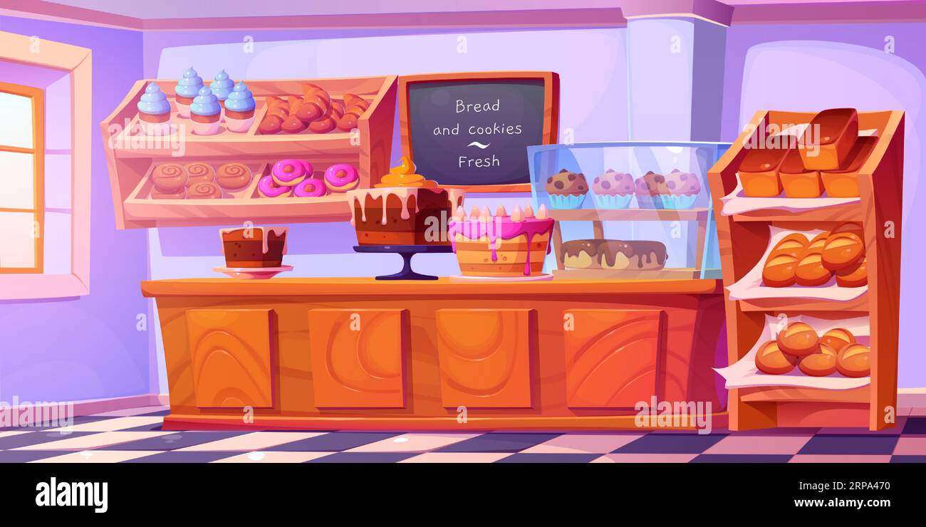 Bakery shop interior with cake and counter inside cartoon background ...