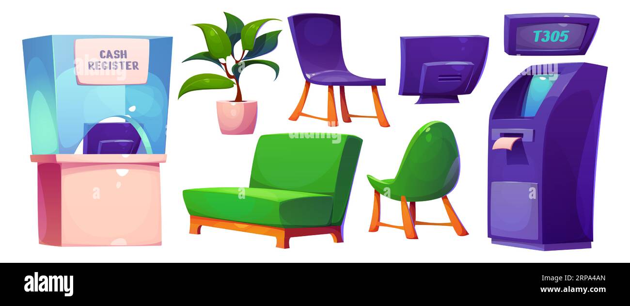 Bank office interior furniture with atm and counter cartoon set ...