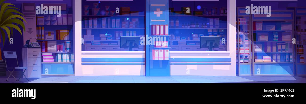 Night pharmacy store with counter and spotlight vector illustration ...