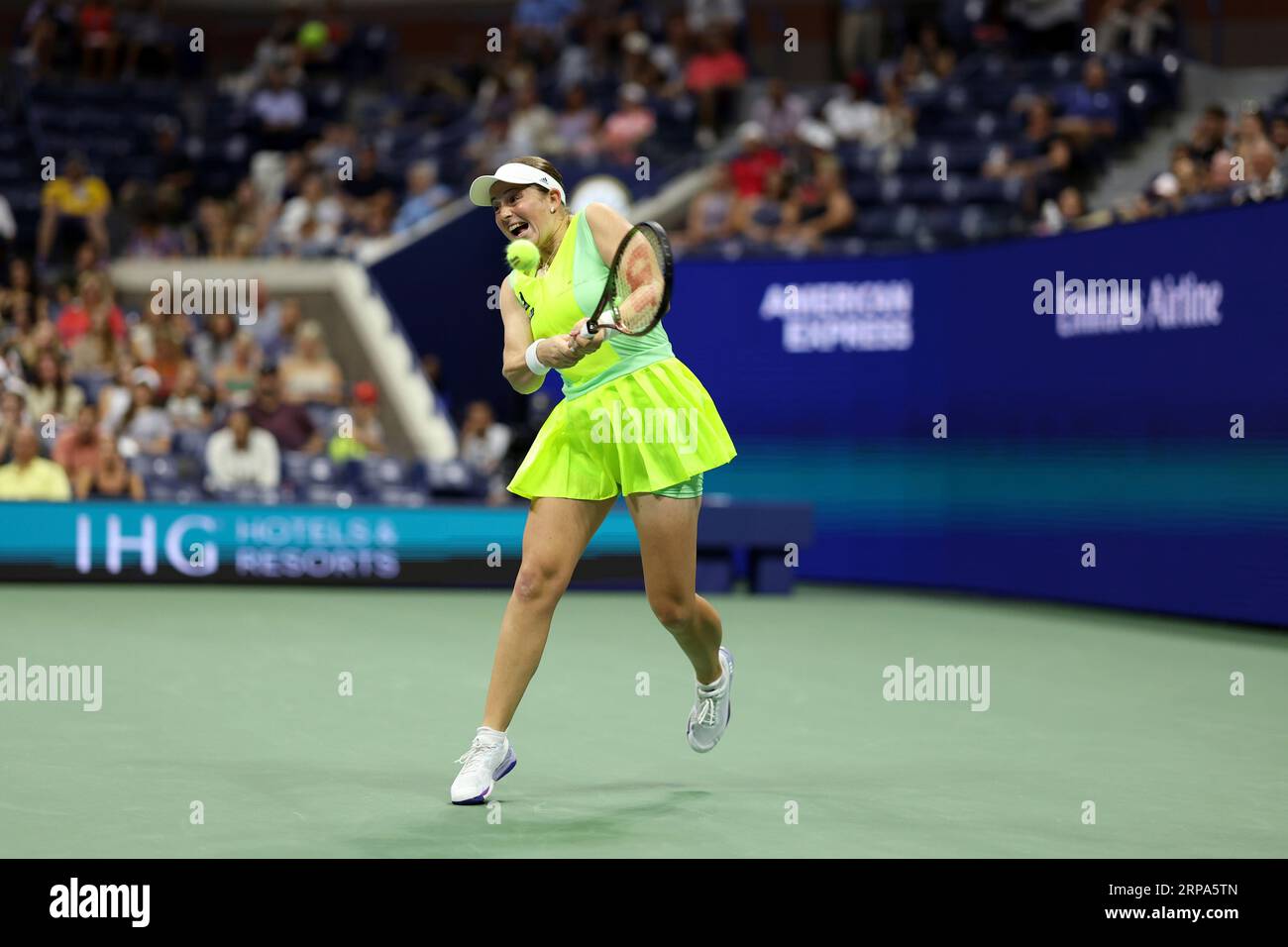 Jelena Ostapenko in action during a women's singles match at the 2023 ...