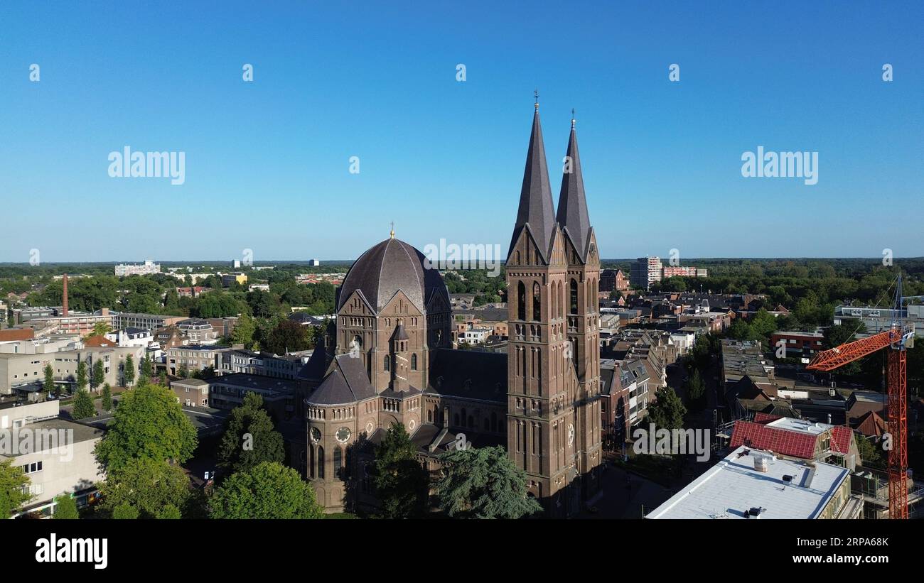 An aerial view of the Brigida Kerk church tower in Geldrop, Netherlands ...